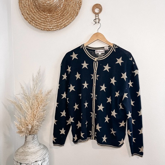 Vintage | Sweaters | Vintage Star Glitter Metallic Knit Button Cardigan Sweater Black Gold Large ...
